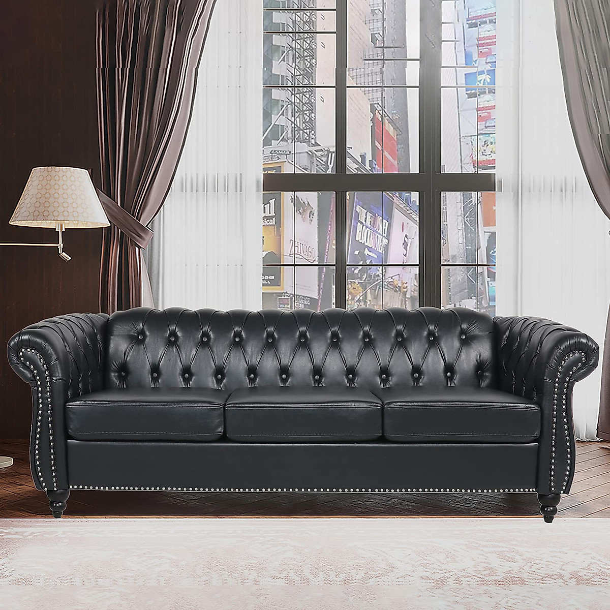 MIYZEAL Chesterfield Sofa, Tufted Leather Couch Upholstered Sofa with Low Back, Roll Arm Classic 3 Seater PU Leather Couch for Living Room Bedroom Office (Black)