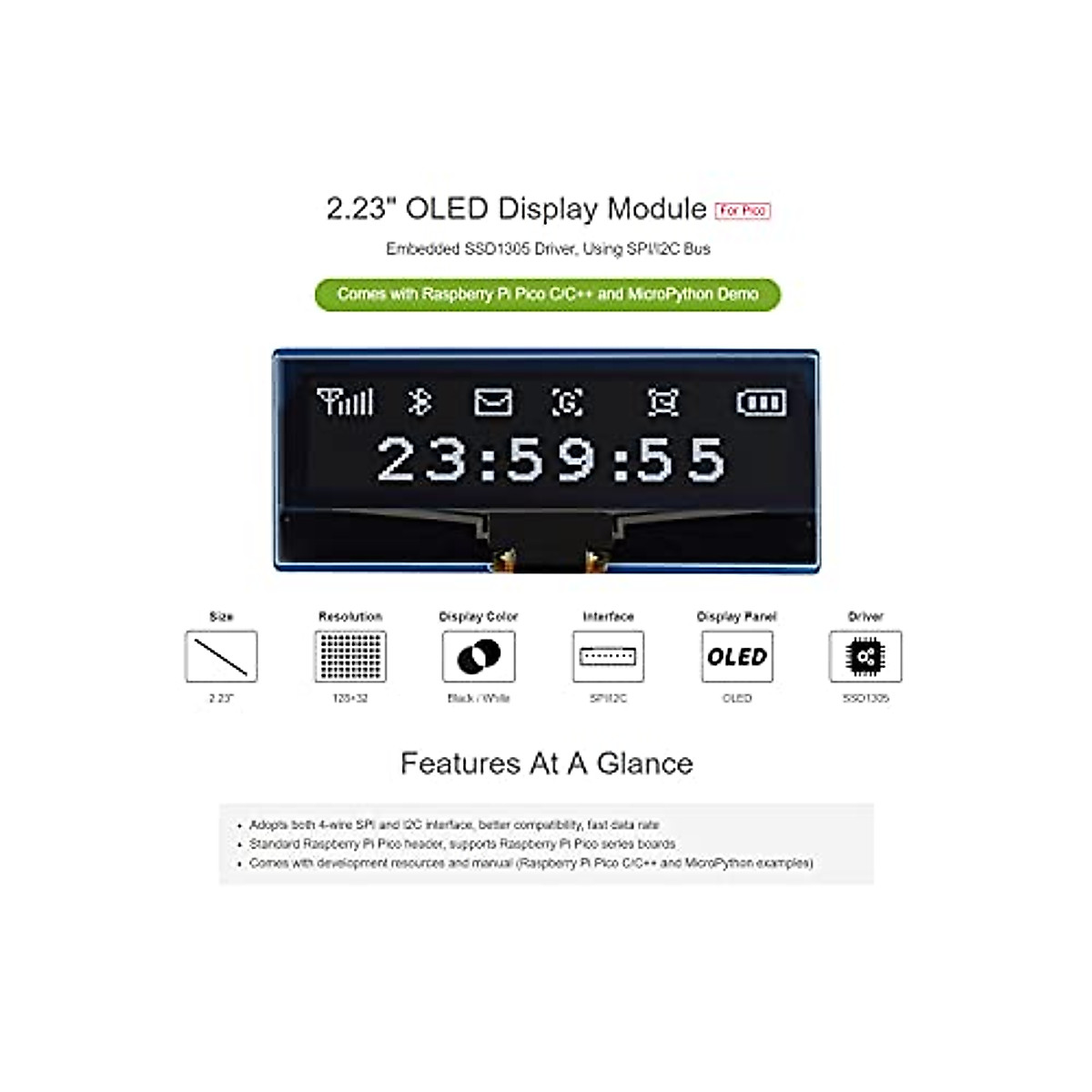Waveshare 2.23inch OLED Display Module for Raspberry Pi Pico 128×32 Pixels SPI/I2C Interface Embedded SSD1305 Driver