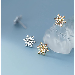 Reffeer Solid 925 Sterling Silver Snowflake Earrings Studs for Women Teens Winter Snow Stud Earrings Christmas (A-Silver)