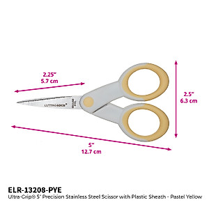ECR4Kids Cutting Edge Ultra-Grip 5" Precision Non-Stick Stainless Steel Scissors w/Sheath - Extra Sharp Pointed Tip - For Sewing and Crafting, Pastel Yellow