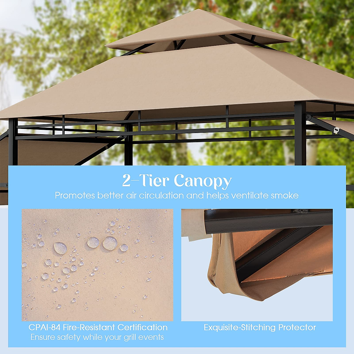 Tangkula 13.5x4 Ft Grill Gazebo with Dual Side Awnings, Double Tier BBQ Gazebo with 2 Side Shelves, Heavy-Duty Steel Frame, CPAI-84 Barbecue Grill Gazebo Shelter for Patio, Garden, Beach, Terrace