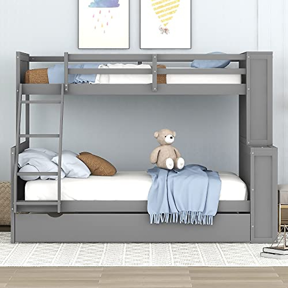 MERITLINE Twin Over Full Bunk Bed with Trundle and Storage Shelves, Solid Wood Bunk Bed Frame, can be Separated into Three Separate Platform Beds, Gray