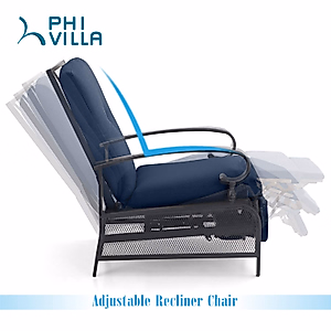 PHI VILLA Adjustable Patio Recliner Chair Metal Outdoor Lounge Chair with Removable Cushions Support 300lbs, Navy