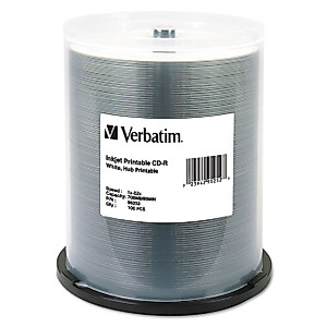 Verbatim DVD-R 4.7GB 16X DataLifePlus White Inkjet Printable Surface, Hub Printable - 100pk Tape Wrap & CD-R 700MB 52X White Inkjet Hub Printable Recordable Media Disc - 100pk Spindle