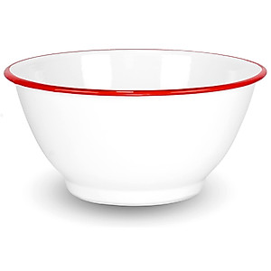Red Co. Set of 2 Enamelware Metal Large Classic 4 quart Round Salad Serving Bowl, Solid White/Red Rim