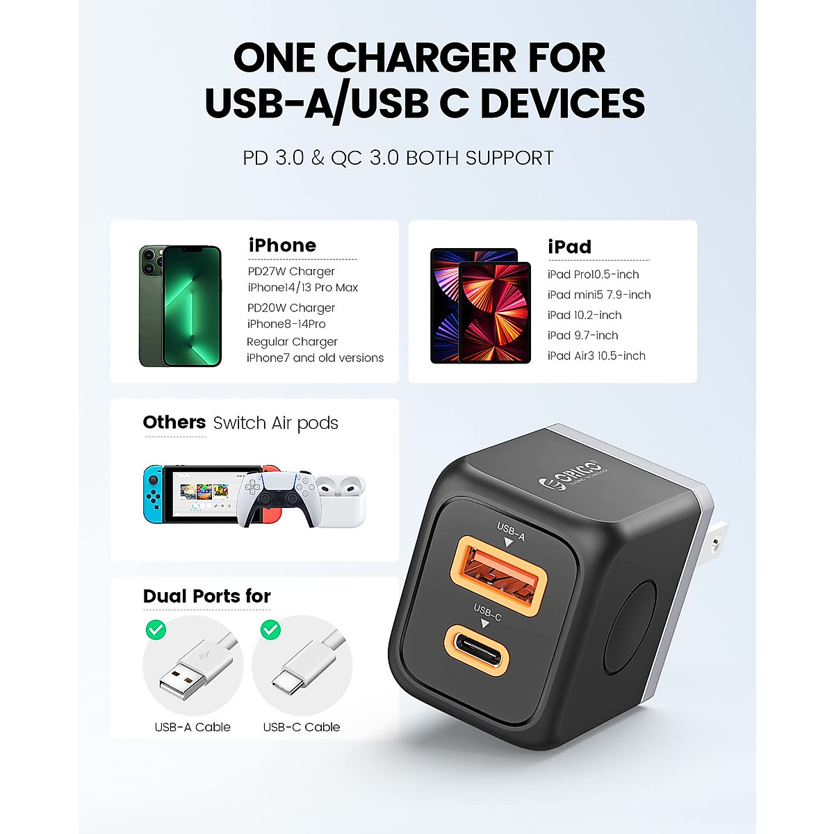 ORICO GaN USB C Charger with USB C Cable, 30W Power Delivery + QC3.0 USB A Double Port Fast Charging Adapter, Mini Wall Charger Compatible with iPhone 14 13 12 Pro Max Galaxy, iPad, MacBook Air