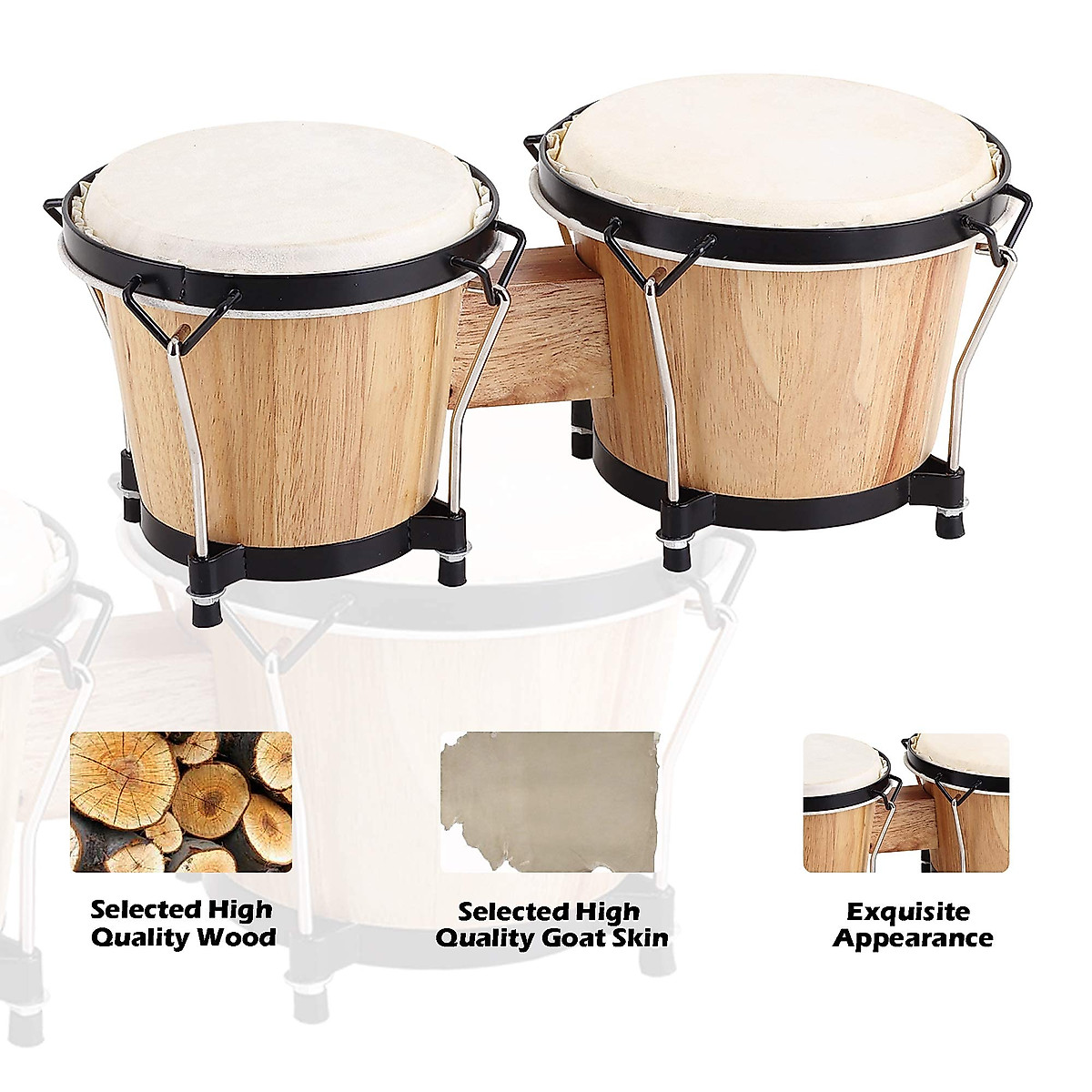 NXWVPC Bongo Drums, 2 Set 6" and 7" Drum Set, Tunable Percussion Instruments Synthetic Metal Frame Construction Bongo Drum for Kids Adults Beginners with Travel Bag and Tuning Wrench, Natural Finish