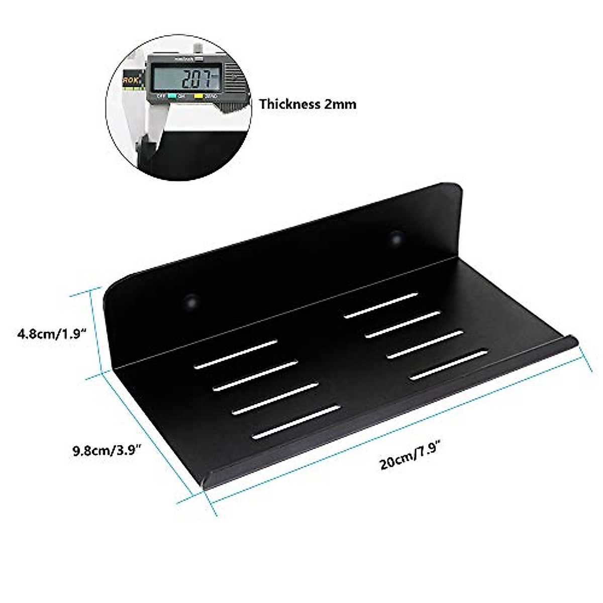 SinLoon 7.8 Inch Small Shelf in Flat Satin Aluminum Bathroom Shelf Wall Mount for Small Speaker Smartphone, Tablet, Toiletries Black 2 Pack