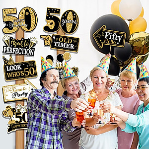 Guiruiy 20Pcs 50th Birthday Decorations for Men Women, Happy 50th Birthday Door Banner, Black Gold 50th Birthday Photo Booth Props, Waterproof Thick Cardboard 50 Bday Party Supplies for Indoor Outdoor