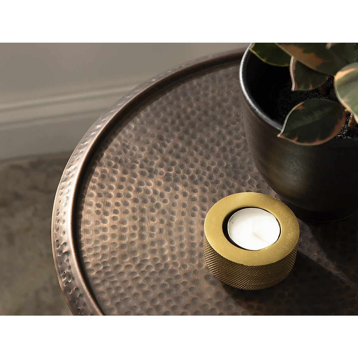 Kate and Laurel Sanzo Modern Pedestal Side Table, 15 x 15 x 24, Bronze, Decorative End Table with Hammered Tabletop for Use as a Bedroom Nightstand or Living Room Accent