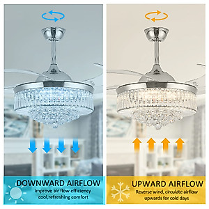 Panghuhu88 42" Invisible Ceiling Fan Chandelier Light,Modern Crystal Ceiling Fan Light Remote Control 4 Retractable ABS Blades for Bedroom Living Room Dining Room Decoration