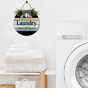 DLONVOH Laundry Open 24 Hours Laundry Sign For Laundry Room Rustic Wood Laundry Room Wall Decor Funny Farmhouse Laundry Decoration for Wash House