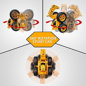 STEMTRON Stunt Car 2.4Ghz 4WD Remote Control Car Double Sided 360°Rotating RC Excavator with Lights Construction Vehicle Truck Outdoor Indoor Toys Gifts for Boys Girls