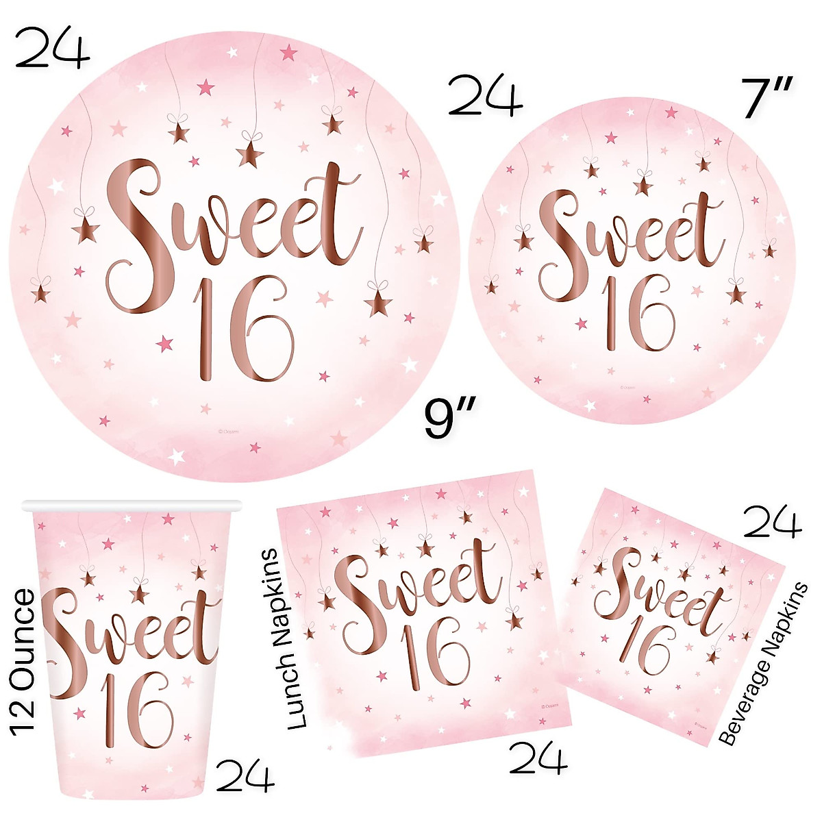 Sweet 16 Rose Gold Birthday Party Supplies, Serves 24 Guests, Includes Cups, Plates, Napkins, Table Covers, Happy Birthday Banner, Cake Topper, Balloons, and Candle, Essentials for 16th Birthday Party