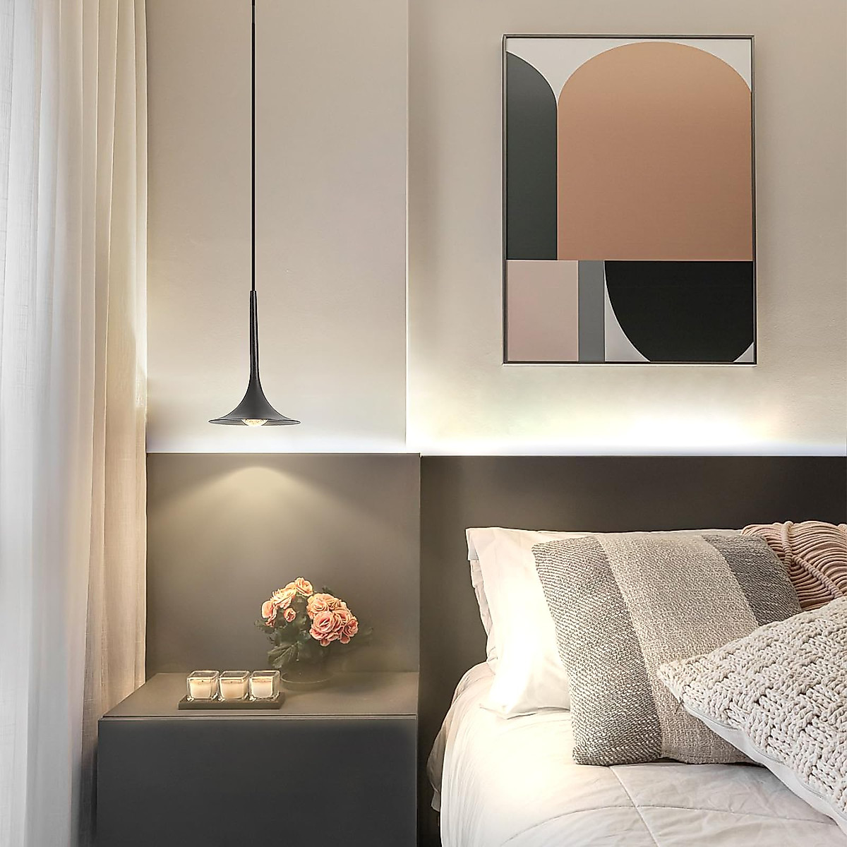 L.JUJAM Black Pendant Light for Kitchen Island, Mordern LED Dimmable Pendant Light Fixtures, Modern Hanging Pendant Lighting with 12W Kitchen Lights Island Dining Room Bathroom Bar (1-Light)