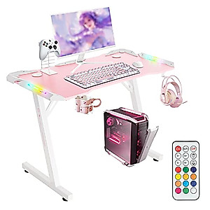 HomeMiYN Gaming Desk with LED Lights, 43.3'' Z Shaped RGB Effect Lighting Ergonomic Computer Game Desk PC Table Workstation with Headphone Hook & Cup Holder, Pink