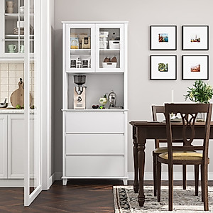 FACBOTALL 76'' Kitchen Pantry Storage Cabinet, Kitchen Buffet with Hutch, Tall Hutch Cabinet with Glass Doors, Coffee Countertop and 3 Large Drawers for Dining Living Room, White
