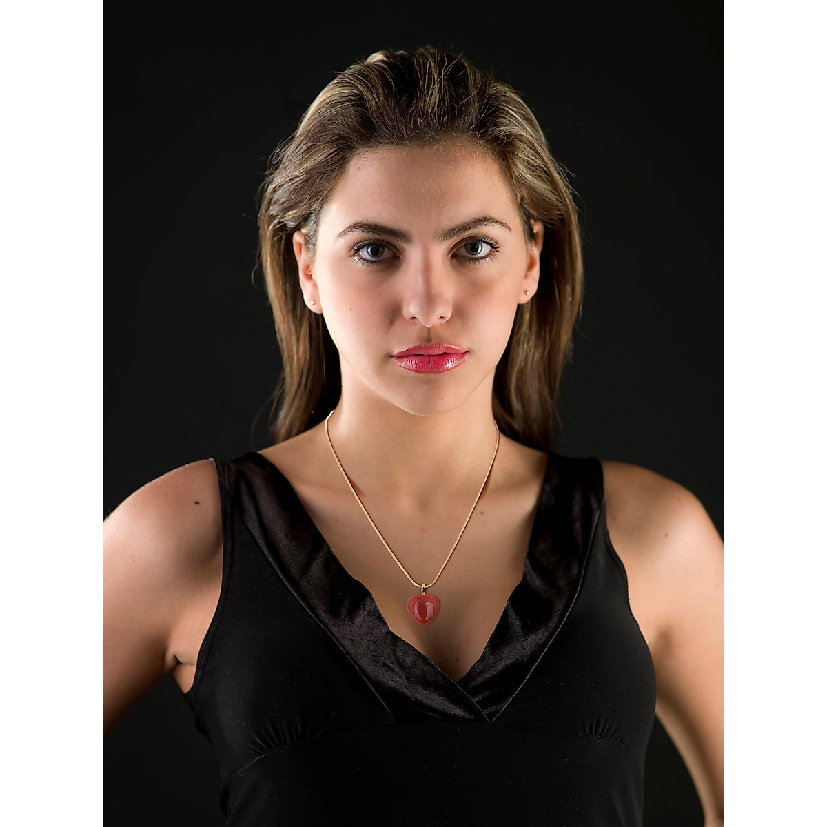 COAI Snake Chain Heart Red Carnelian Stone Pendant Necklace