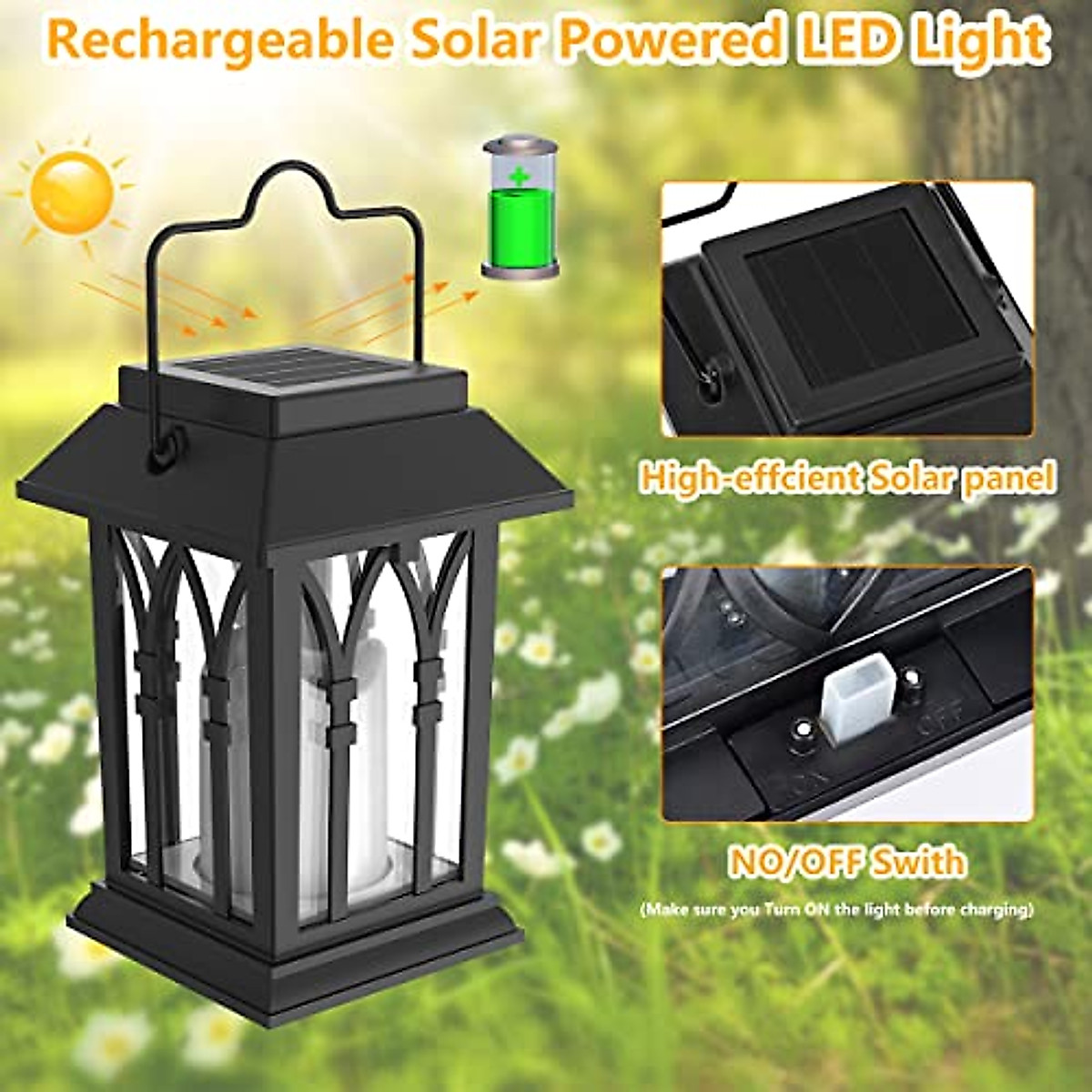 Gisanty Solar Hanging Lanterns Outdoor,2 Pack Black Flickering Candles Hanging Solar Lanterns IP44 Waterproof Lighting Decorative for Porch Table Patio