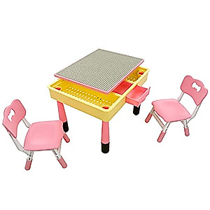 FLYING OLLY Kids Table and Chair Set with Block-Build Table & Dry-Erase Activity Table, Compatible Kids Art painting Table with 2 Drawers for Kids and Toddlers for Daycare, Classroom, Kids Room (Pink)