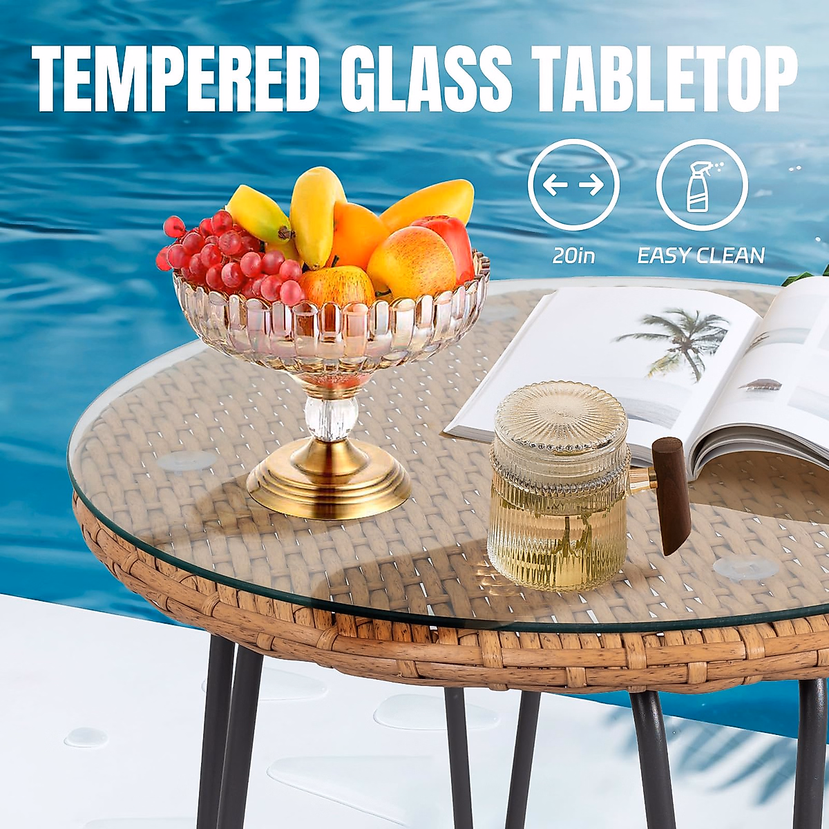 Leasbar 3 Piece Outdoor Wicker Bistro Furniture Set, Patio Chairs and Table Set with Cushions, Front Porch Furniture Rattan Conversation Set for Poolside Garden Backyard, Yellow/Black