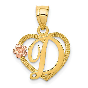 14k Two-Tone Yellow Gold Letter D Initial With Rose Gold Flower Inside Open Heart Pendant 22x16mm