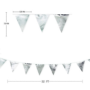 Silver Party Decorations Metallic Fabric Triangle Pennant Banner Silver Flag Bunting Garland for Graduation Birthday Wedding Bridal Shower Anniversary Engagement Bachelorette Party Decoration Supplies