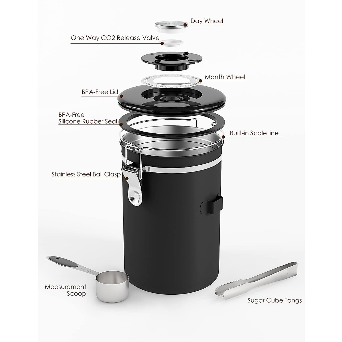 HAIOOU Airtight Coffee Canister, 22OZ Large Stainless Steel Coffee Bean Storage Container with Date Tracker, Measuring Scoop, 6Pcs CO2 Valves and Mini Tongs for Beans, Grounds, Sugar and more - Black