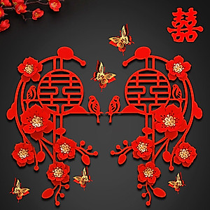 Chinese Traditional Wedding Decorations,Double Happiness,Flannel Paper-Cut 3D Three-Dimensional Bridal Room Decorations, Free About 100Double Happiness Stickers(Magpie)