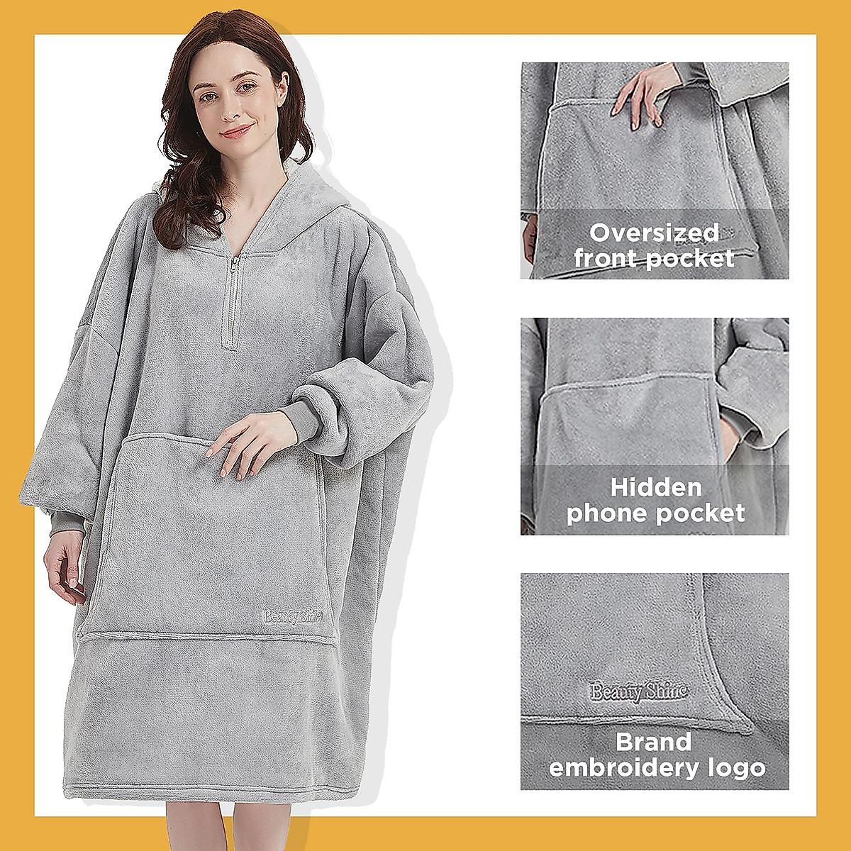 Beauty Shine Oversized Wearable Blanket Hoodie,Sherpa Hooded Blanket Adult as Birthday Gifts for Men Mom Women Girlfriend,Cozy Sweatshirt with Giant Pocket(Grey,Zipper)