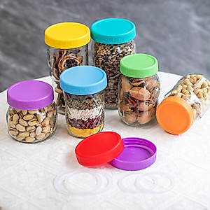 Jumterlee 18 Pack Plastic Mason Jar Lids with Silicone Rings,9 Colors to Choose,9 Wide Mouth & 9 Regular Mouth Mason Jar Lids,Plastic Canning Lids, Fit Ball,Kerr and More (Multicolored)