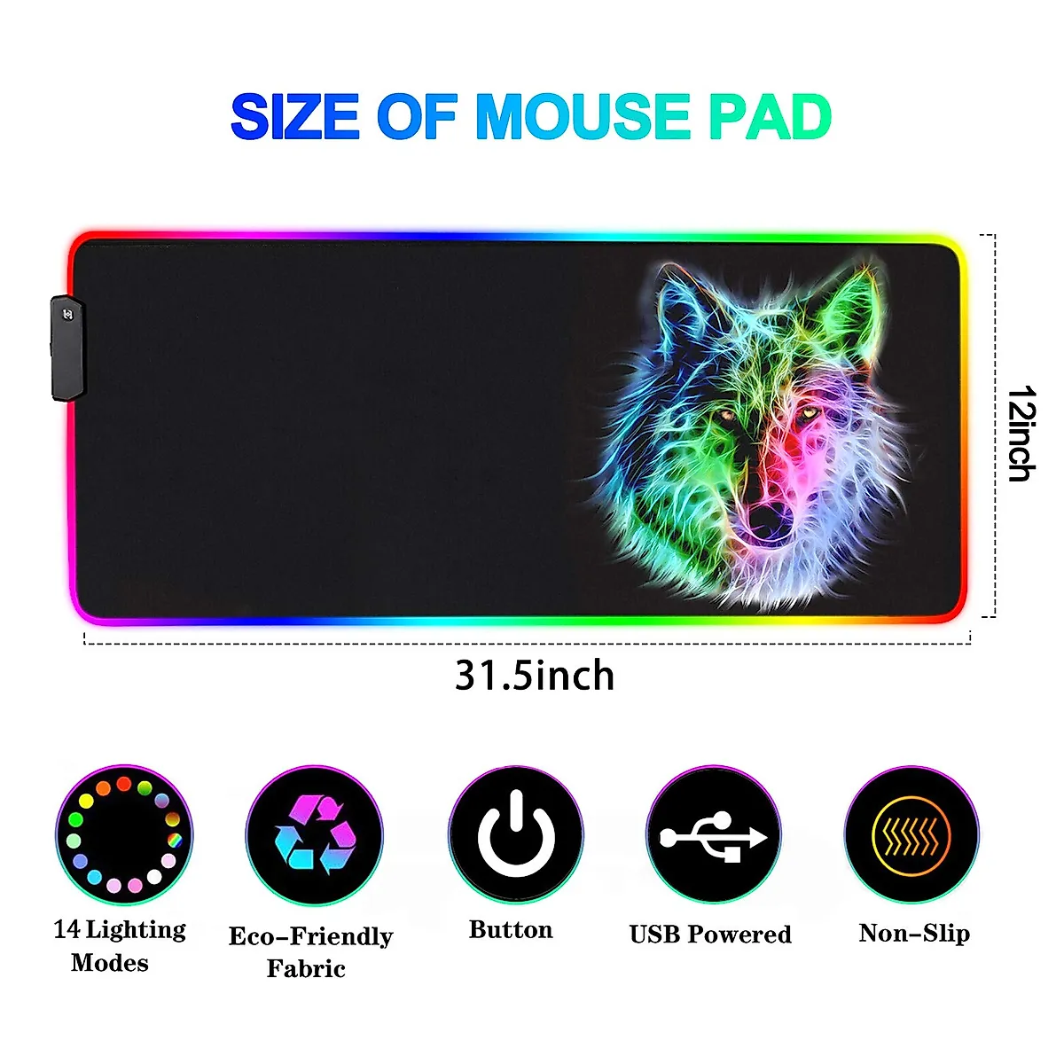 RGB Gaming Mouse Pad - 14 Light Modes Extended Computer Keyboard Mat, Anime LED Mouse Pad Large，High-Performance Mouse Pad Optimized for Gamer 31.5 X 12in (Wolf Mouse pad)