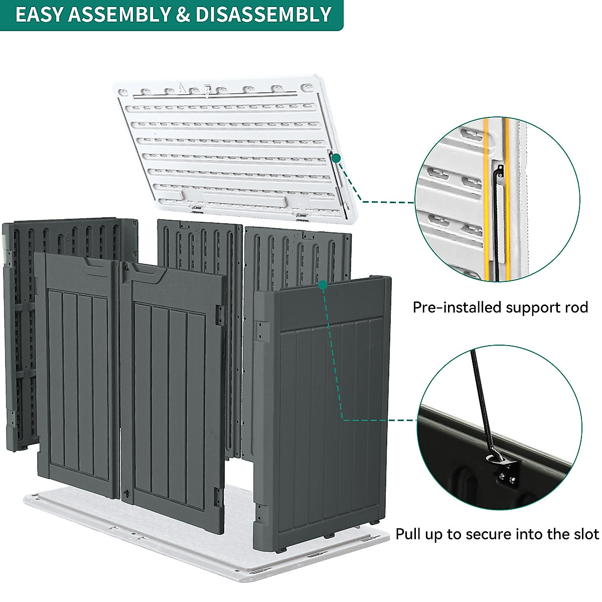 YITAHOME Outdoor Horizontal Storage Sheds w/o Shelf, Weather Resistant Resin Tool Shed, Multi-Open Door for Storage of Bikes, Trash Cans, Garden Tools, 39 cu ft, Waterproof, Lockable, Dark Gray