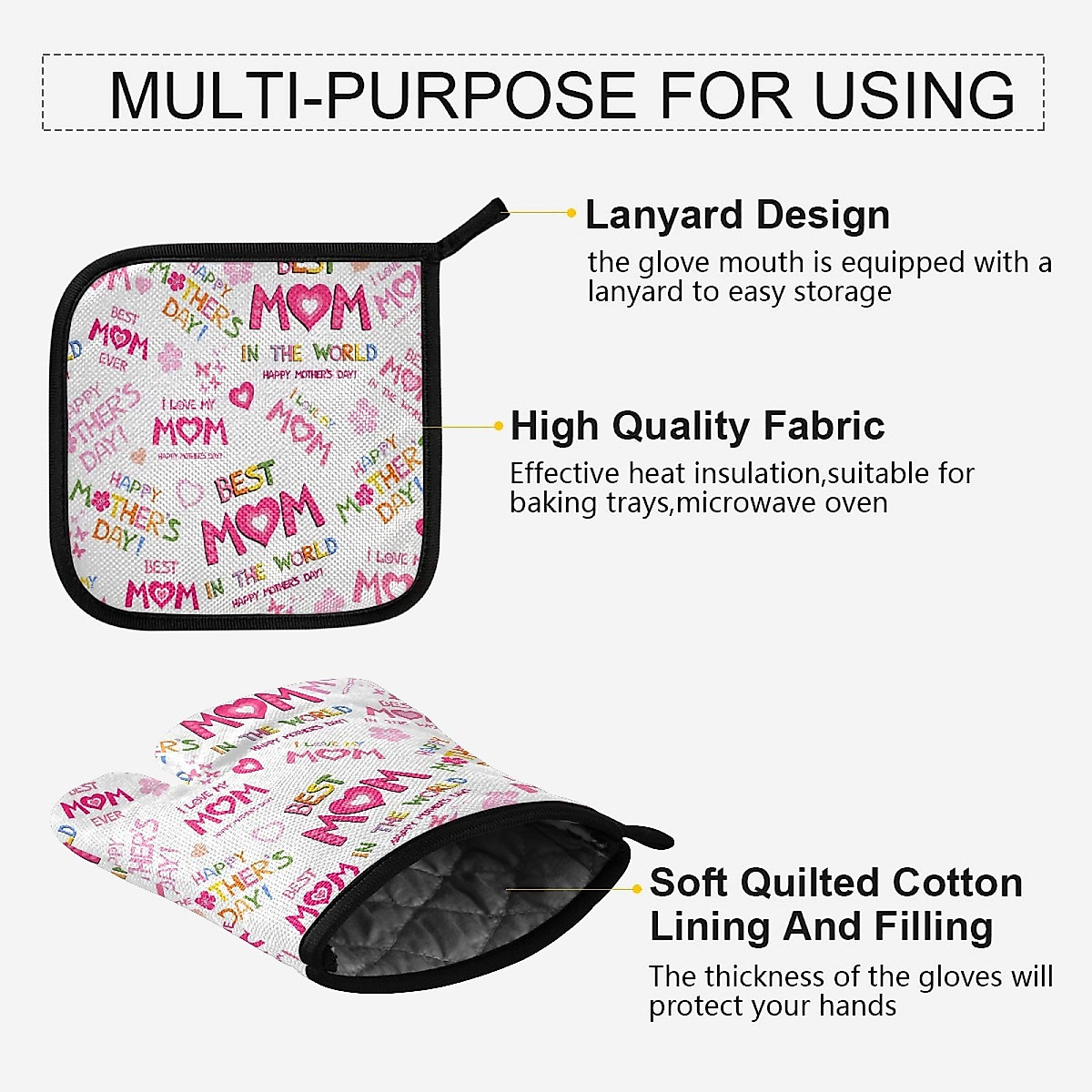 Mother's Day Quote Oven Mitts and Pot Holders Sets I Love You Mom Hot Pads Heat Resistant Cooking Gloves Handling Kitchen Cookware Bakeware BBQ