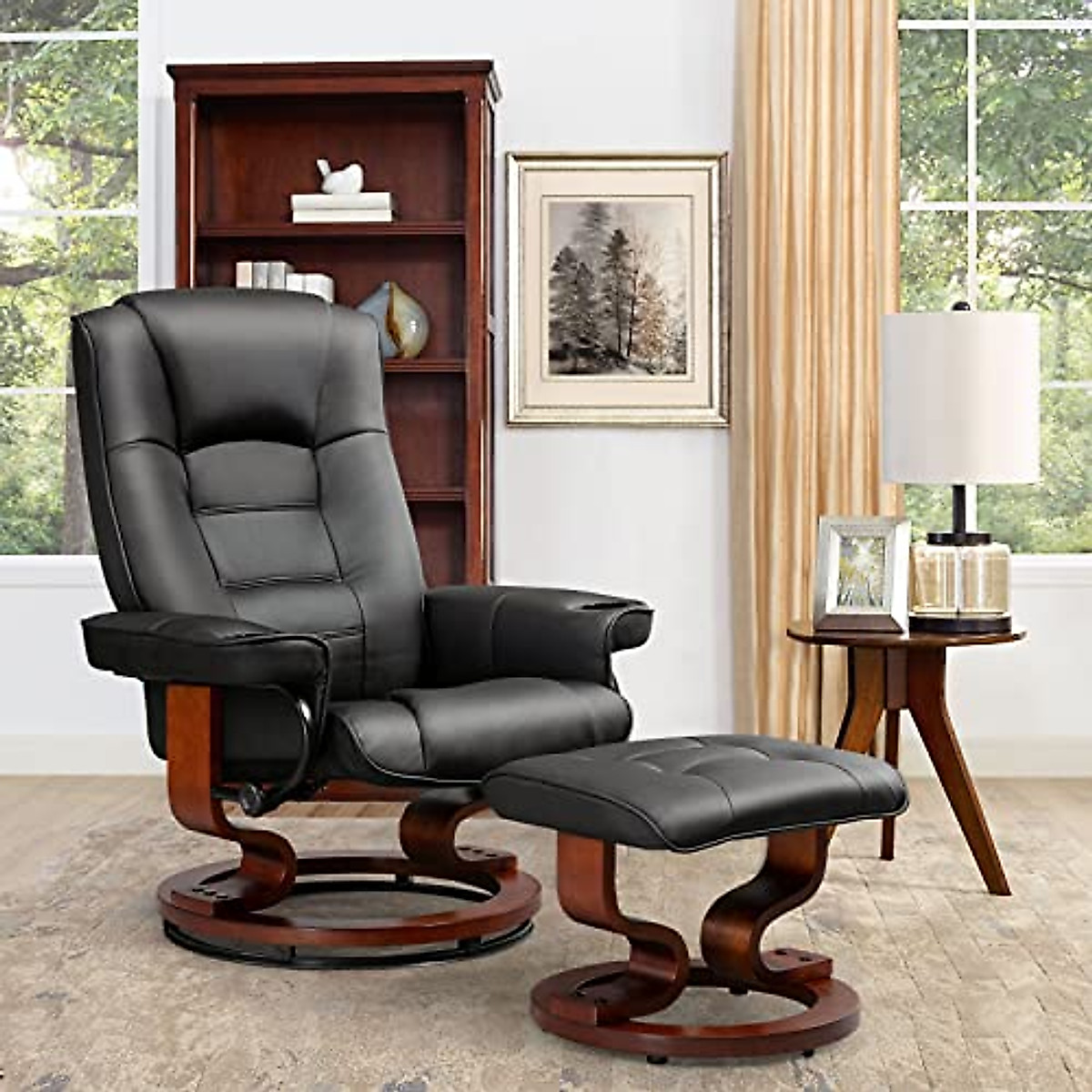 AVAWING Recliner Chair with Ottoman Adjustable Swivel Chair with Footrest 360° Swivel PU Leather Reclining Chair with Footrest for Living Room Recliner and Ottoman with Wood Base, Black