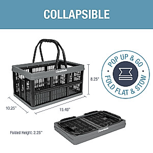 CleverMade 16L Collapsible Reusable Plastic Grocery Shopping Baskets; Small Foldable Storage Crates with Handles, 3 Pack, Charcoal