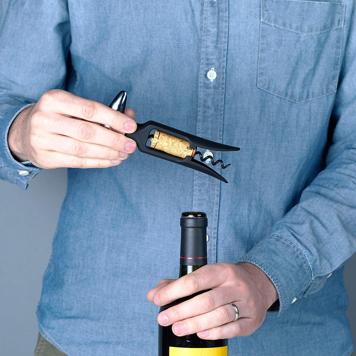 True Twister Self Pulling Compact Corkscrew Wine Bottle Opener - Ergonomic Easy-turn Key Bar Accessory, 6 Inches, Black