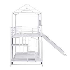 Bellemave House Bunk Bed with Slide and Stairs Twin Over Twin Floor Bunk Bed Frame Metal Playhouse Bunked with Storage Shelves for Kids Boys Girls Teens, White