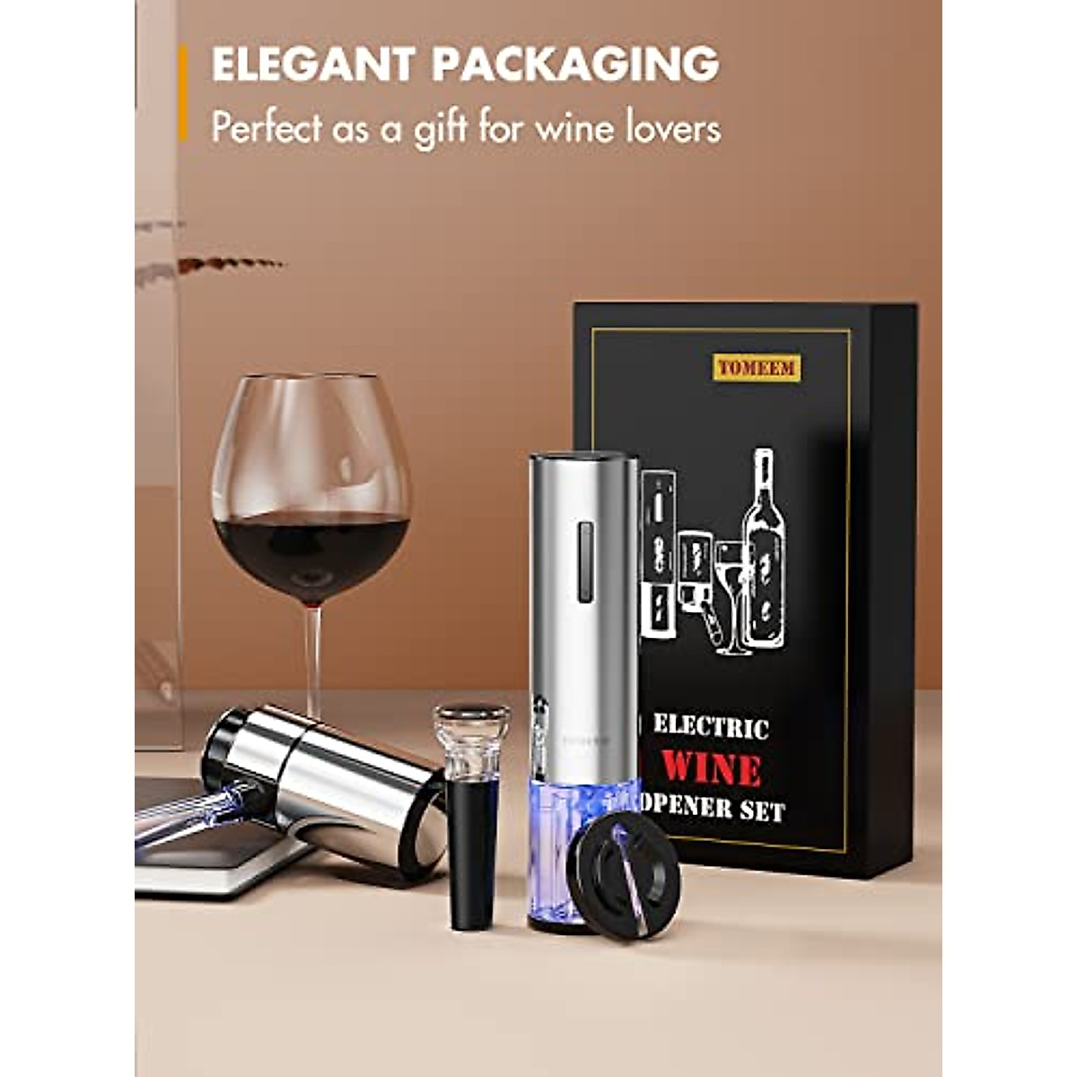Electric Wine Opener Set, Tomeem Wine Gift Set with Rechargeable Wine Opener, Electric Wine Aerator, Vacuum Stoppers and Foil Cutter, 4-in-1 Electric Wine Bottle Opener for Home Party Bar Outdoor
