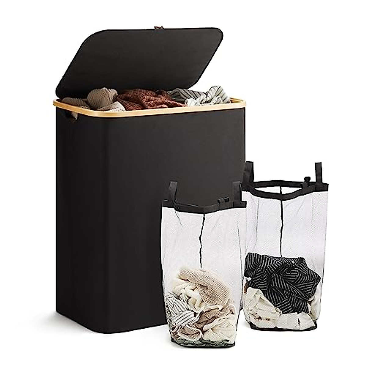 YOUDENOVA 145L Double Laundry Hamper with Lid, Black Laundry Basket with Lid & Removable Bag, Collapsible Laundry Basket Organizer, Dirty Clothes Hamper with Lid for Bedroom, Living Room