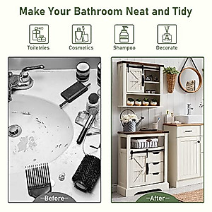 OKD Bathroom Floor Cabinet, Farmhouse Storage Cabinet with Sliding Barn Door & Storage Drawers, Small Storage Cabinet for Bathroom, Kitchen, Living Room, Rustic Oak with Antique White