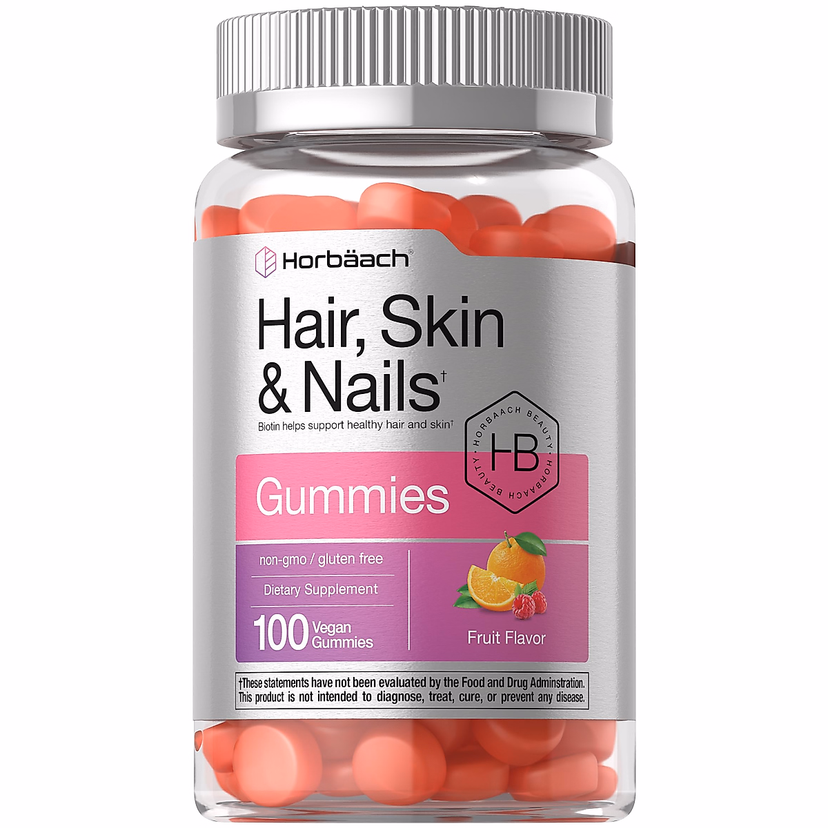 Horbäach Hair Skin and Nails Gummies | 100 Count | with Biotin | Fruit Flavored Vitamins | Non-GMO, Gluten Free Supplement