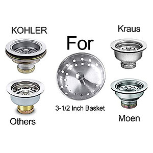 KONE 2PCS Kitchen Sink Basket Strainer Replacement for 3-1/2 Inch Standard Drains Brushed Stainless Steel Body Metal Center Knob with Rubber Stopper