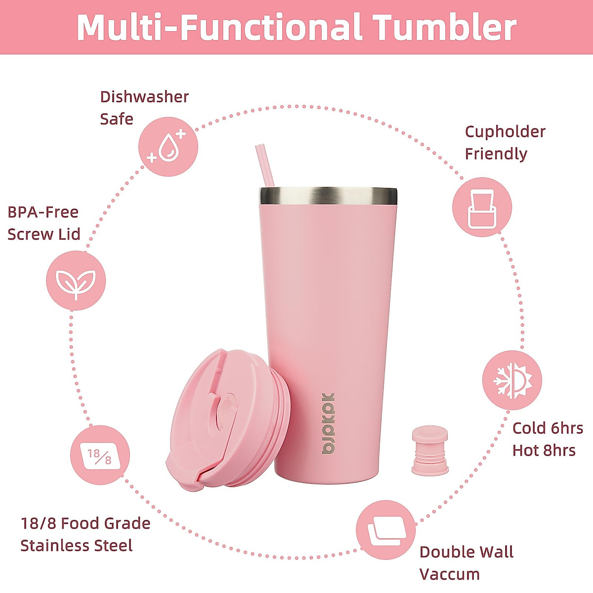 BJPKPK 22oz Tumbler With lid And Straw Stainless Steel Travel Coffee Mug Insulated Tumblers Cups,Light Pink