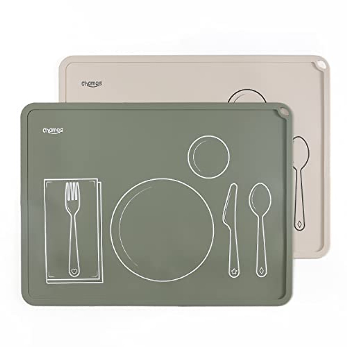 CHAMOS Montessori Placemat for Toddlers - Kids Silicone Mats for Dining Table - Set of 2 - Table Setting Learning (Sage and Beige)