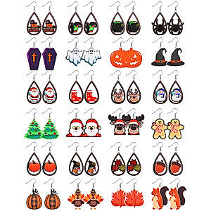 Tigeen 24 Pairs Festival Wood Cute Painted Holiday Wooden Teardrop Dangle for Gift(Pumpkin, Snowman)