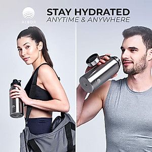 Albor 32 oz Insulated Water Bottle With Chug Lid and Straw, Plus Carry Lid for Travel, Leak Proof Stainless Steel Water Bottle for Gym and Travel (Steel)