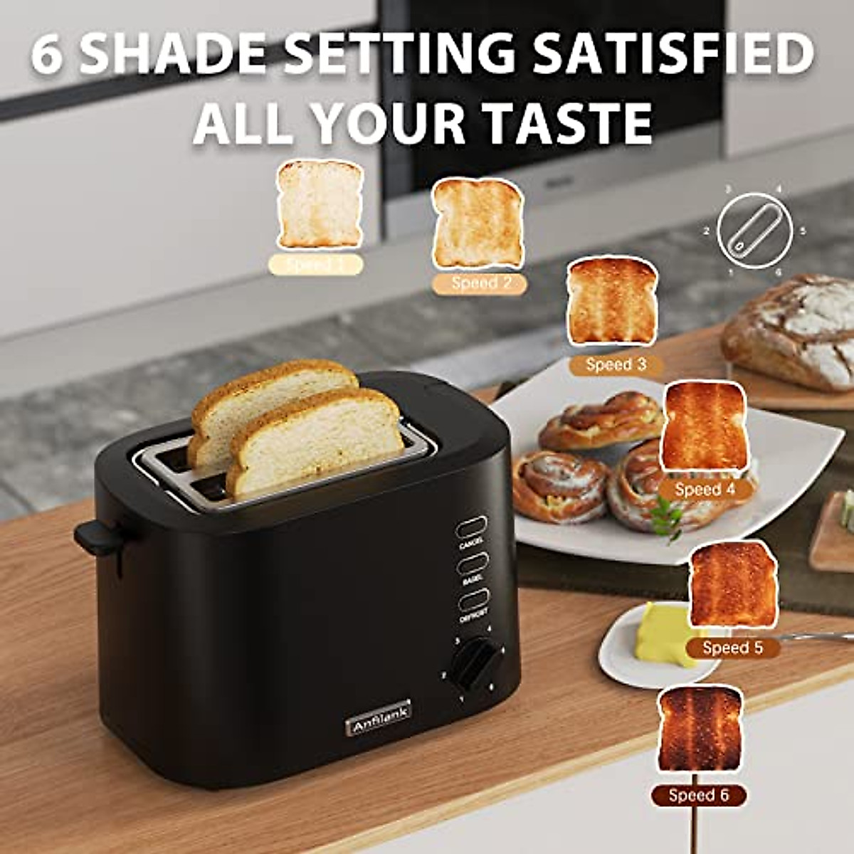 Anfilank Toaster 2 Slice, Wide Slots with Warming Rack, Cancel, Bagel, Defrost Function, 6-Shade Settings, Removable Crumb Tray and High Lift Lever Classic Bread Toaster, 900W BPA free(Black)