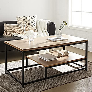 Coral Flower Metal Frame Coffee Table with Large Shelve Space, Light oak
