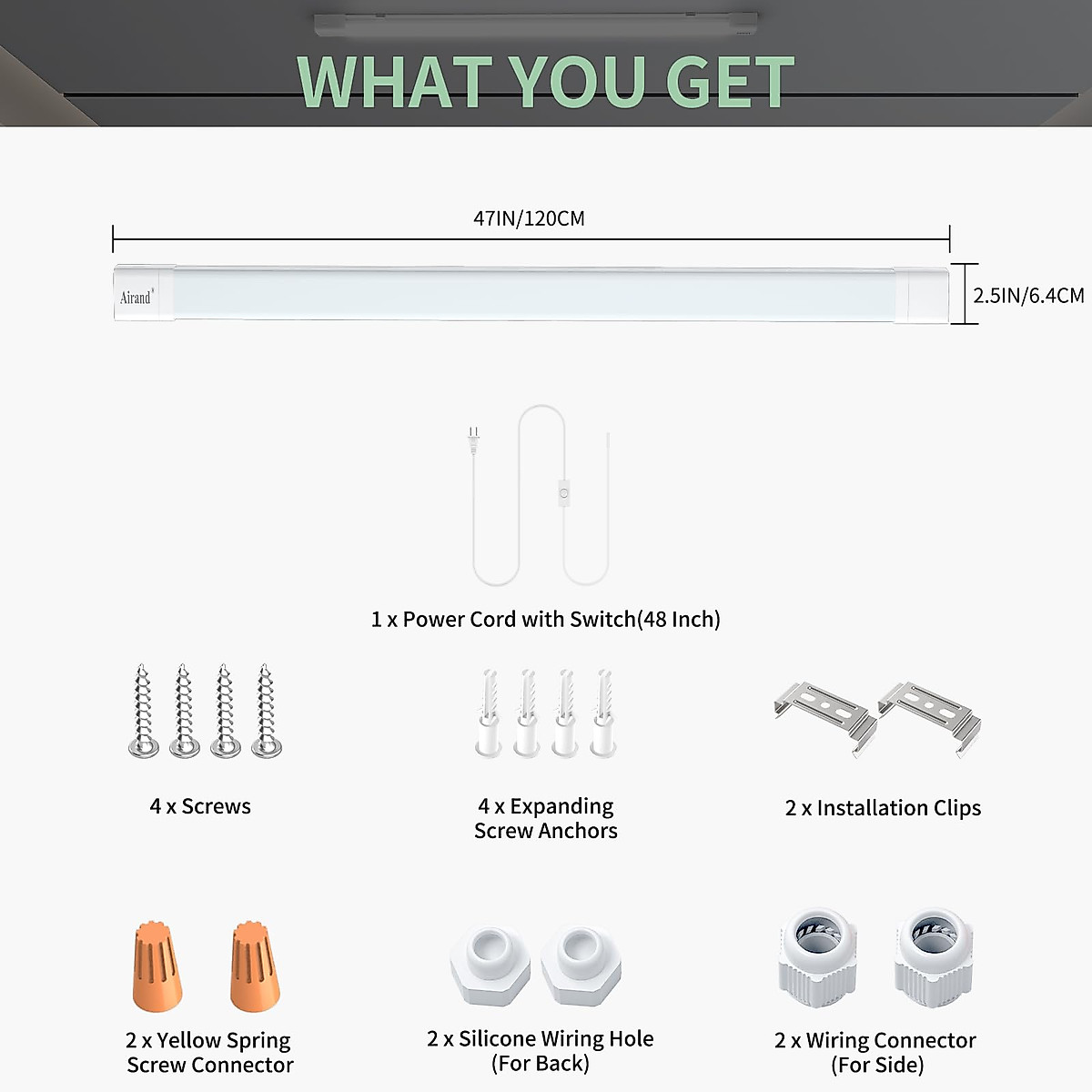 Airand 5000K Plug in Ceiling Light, 4FT Linkable LED Shop Light with ON/Off Switch, 36W 3600LM Garage Light Fixture, IP66 Waterproofing Tube Light for Bathroom, Workshop, Office, Basement